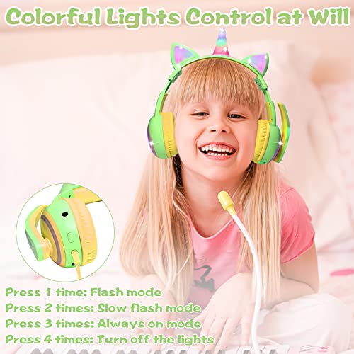 LED Lighting Unicorn Cat Ear Wired Headphones, Headphones for Kids with Microphone, Kids Headphones Safe Volume Limit 85DB, Headphones for Girls Boys for Online Learning/School/Travel/TabletGreen