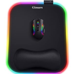 gimars rgb mouse pad with wrist rest support,12 x 10 inch extra large ergonomic gaming mouse pad with 11 led lighting modes,non-slip rubber base,lycra fabric for laptop, computer, pc gaming