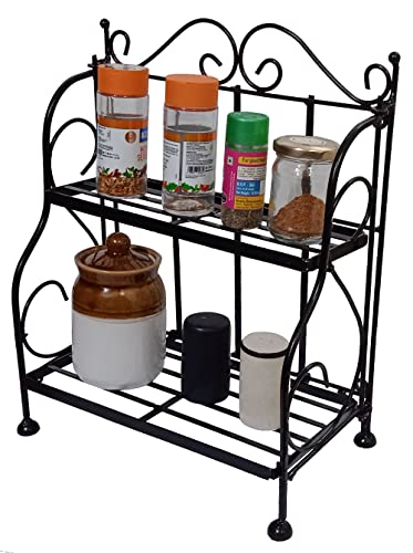 Purpledip Wrought Iron 2-Tier Foldable Table: Countertop Storage Shelf Rack Kitchen Bathroom Storage Organizer (12519)