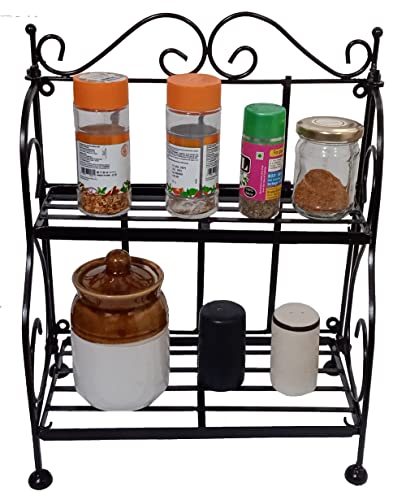 Purpledip Wrought Iron 2-Tier Foldable Table: Countertop Storage Shelf Rack Kitchen Bathroom Storage Organizer (12519)