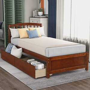 ath-s twin bed frame,twin platform bed frame with two drawers and headboard, wood bed frame twin for toddlers, kids, guest room,no box spring needed ，walnut (color : white, size : twin)