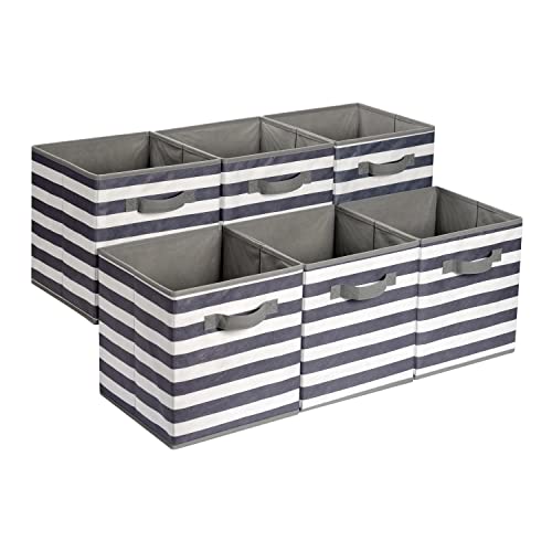 Amazon Basics Collapsible Fabric Storage Cubes Organizer with Handles, 10.5"x10.5"x11", White/ Light Grey Stripe - Pack of 6