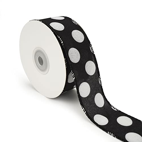 UnionJoy Polka Dot Ribbon Wired Edge Ribbon, 1.5 Inch x 10 Yards Roll, Craft Ribbon for DIY Gift Wrapping Wreath Floral Arrangement Bow Decoration (Black & White Dots)