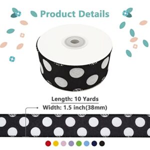 UnionJoy Polka Dot Ribbon Wired Edge Ribbon, 1.5 Inch x 10 Yards Roll, Craft Ribbon for DIY Gift Wrapping Wreath Floral Arrangement Bow Decoration (Black & White Dots)