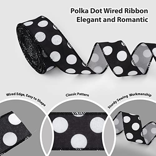 UnionJoy Polka Dot Ribbon Wired Edge Ribbon, 1.5 Inch x 10 Yards Roll, Craft Ribbon for DIY Gift Wrapping Wreath Floral Arrangement Bow Decoration (Black & White Dots)