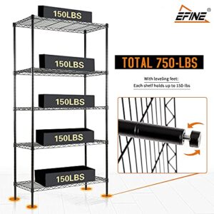 EFINE 5-Shelf Shelving Unit with Shelf Liners Set of 5, Adjustable, Steel Wire Shelves, 150lbs Loading Capacity Per Shelf, Units and Storage for Kitchen Garage (30W x 14D 60H) Black (L200-5)