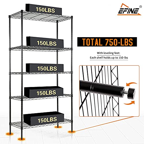 EFINE 5-Shelf Shelving Unit with Shelf Liners Set of 5, Adjustable, Steel Wire Shelves, 150lbs Loading Capacity Per Shelf, Units and Storage for Kitchen Garage (30W x 14D 60H) Black (L200-5)