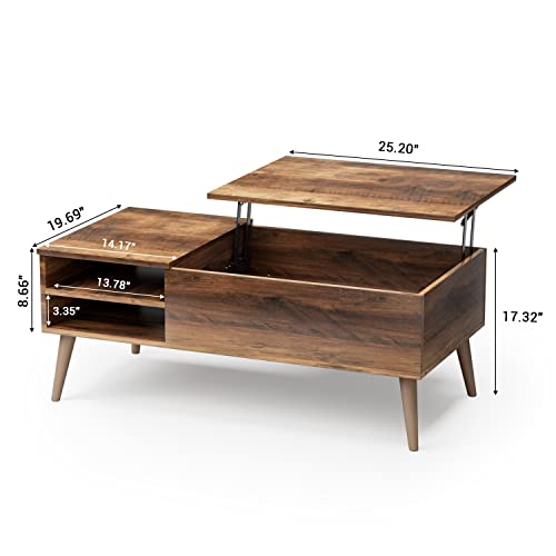 Furmax Lift Top Coffee Table for Living Room, Small Coffee Table with Adjustable Storage Shelf, Hidden Compartment and Metal Frame, Wood Mid Century Modern Coffee Table Retro Center Table (Rustic Oak)