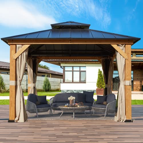 RICHRYCE 11' x 11' Solid Wood Gazebo, Hardtop Gazebo Plastic Sprayed Metal Roof Outdoor Gazebo Canopy Double Vented Roof Pergolas Wood Frame with Netting and Curtains for Garden, Patio, Lawns, Parties