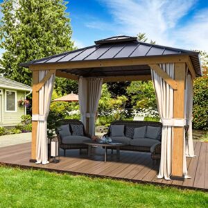 RICHRYCE 11' x 11' Solid Wood Gazebo, Hardtop Gazebo Plastic Sprayed Metal Roof Outdoor Gazebo Canopy Double Vented Roof Pergolas Wood Frame with Netting and Curtains for Garden, Patio, Lawns, Parties