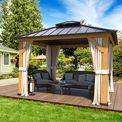 RICHRYCE 11' x 11' Solid Wood Gazebo, Hardtop Gazebo Plastic Sprayed Metal Roof Outdoor Gazebo Canopy Double Vented Roof Pergolas Wood Frame with Netting and Curtains for Garden, Patio, Lawns, Parties