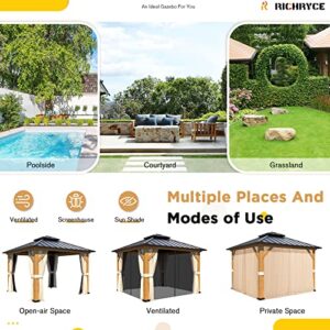 RICHRYCE 11' x 11' Solid Wood Gazebo, Hardtop Gazebo Plastic Sprayed Metal Roof Outdoor Gazebo Canopy Double Vented Roof Pergolas Wood Frame with Netting and Curtains for Garden, Patio, Lawns, Parties