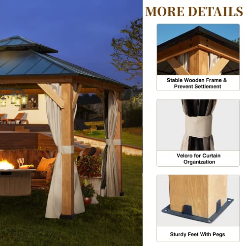 RICHRYCE 11' x 11' Solid Wood Gazebo, Hardtop Gazebo Plastic Sprayed Metal Roof Outdoor Gazebo Canopy Double Vented Roof Pergolas Wood Frame with Netting and Curtains for Garden, Patio, Lawns, Parties