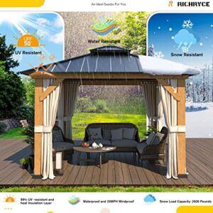 RICHRYCE 11' x 11' Solid Wood Gazebo, Hardtop Gazebo Plastic Sprayed Metal Roof Outdoor Gazebo Canopy Double Vented Roof Pergolas Wood Frame with Netting and Curtains for Garden, Patio, Lawns, Parties