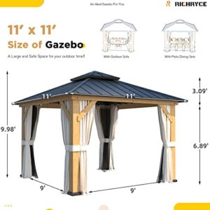 RICHRYCE 11' x 11' Solid Wood Gazebo, Hardtop Gazebo Plastic Sprayed Metal Roof Outdoor Gazebo Canopy Double Vented Roof Pergolas Wood Frame with Netting and Curtains for Garden, Patio, Lawns, Parties