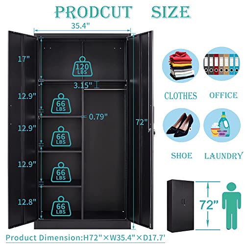 Letaya Metal Storage Cabinets Locker with Lock Door, 72'' Clothing Coat Steel Storage Freestanding Wardrobe for Office, Home, School, Employee,Gym,Fire Department (Black)