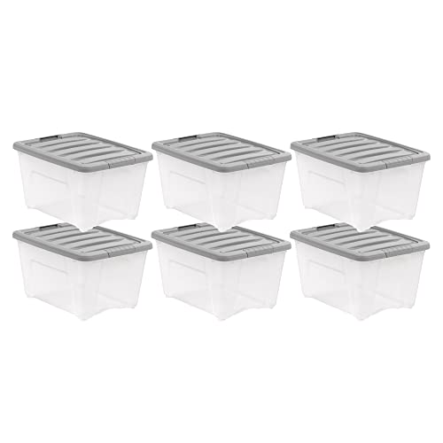 Amazon Basics 32 Quart Stackable Plastic Storage Bin with Latching Lid- Clear/ Grey- Pack of 6