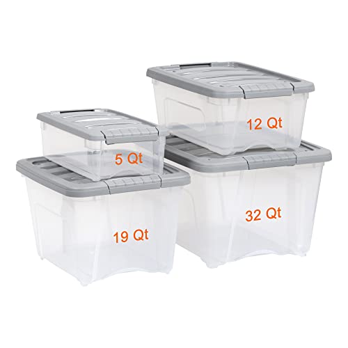 Amazon Basics 32 Quart Stackable Plastic Storage Bin with Latching Lid- Clear/ Grey- Pack of 6