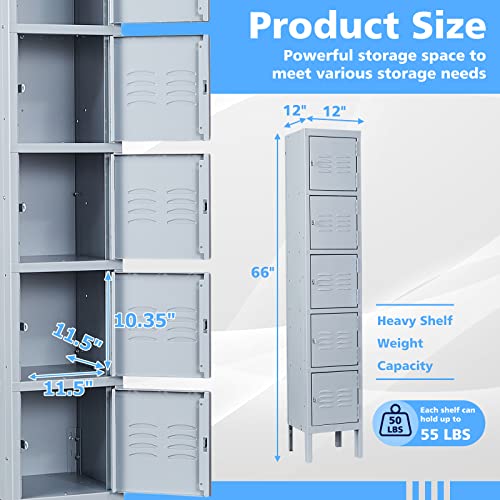 Letaya Metal Lockers, 5 Doors -66" Tall Steel Storage Cabinets Lockable for Employees, School,Gym, Home,Office,Mudroom,Industrial Lockers (Gray)