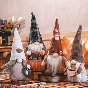 dramosary coffee gnomes coffee bar decoration, 4pcs plaid plush gnomes coffee scandinavian figurine nordic tiered tray decor for home office