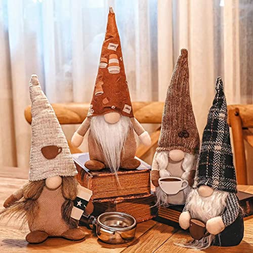 DraMosary Coffee Gnomes Coffee Bar Decoration, 4pcs Plaid Plush Gnomes Coffee Scandinavian Figurine Nordic Tiered Tray Decor for Home Office