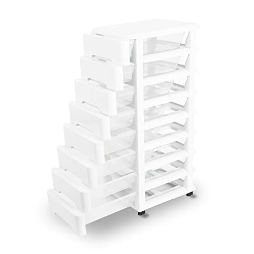 OMNISAFE 8 Plastic Drawers， White Rolling Storage Cart with Sturdy Frame， Storage Tower for Closet, Living Room, Hallway, Dormitory