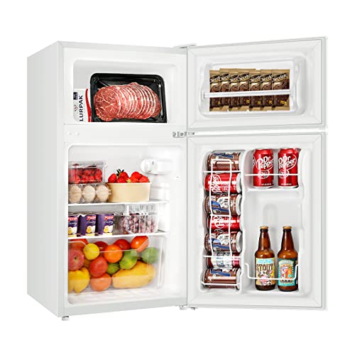 BANGSON Mini Fridge with Freezer, 2 Door Small Refrigerator with Freezer, Mini Freezer Fridge Combo, 3.2 CU.FT, For Home, Office, Dorm, Garage or RV, (White)