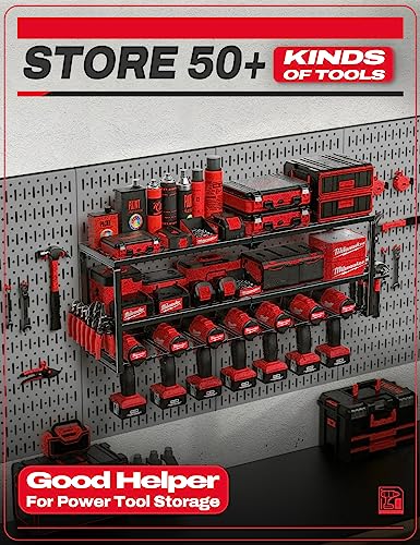 Power Tool Organizer, Garage Organization with 7 Drill Holders, Amoowis Tool Box Organizers and Storage Wall Mount, Metal Shelf Heavy Duty, Utility Rack for Screwdriver Pegboard Shed Workshop