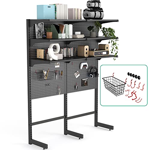 JWX DDB Gaming Standing Shelf Units, Home Office cabinets with Metal Pegboard and 15 Pieces Organizer Tool Holders