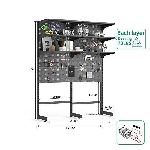 JWX DDB Gaming Standing Shelf Units, Home Office cabinets with Metal Pegboard and 15 Pieces Organizer Tool Holders