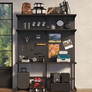 JWX DDB Gaming Standing Shelf Units, Home Office cabinets with Metal Pegboard and 15 Pieces Organizer Tool Holders