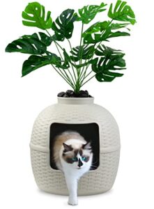 keygarzone plant litter box with lid, hidden cat litter furniture with rattan pattern for large cat, pp material waterproof, easy assemble & clean