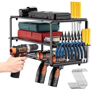 qtimal power tool organizer with 2 side screwdriver storage racks, heavy duty utility metal cordless drill holder, removable garage wall mount floating tool shelf, bonus 10 pack s hooks