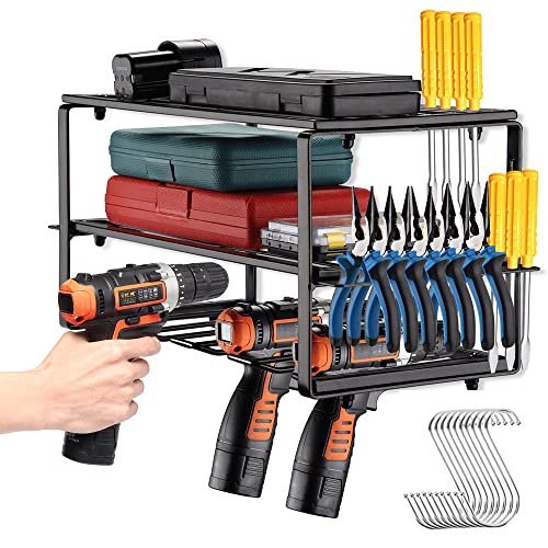 Qtimal Power Tool Organizer with 2 Side Screwdriver Storage Racks, Heavy Duty Utility Metal Cordless Drill Holder, Removable Garage Wall Mount Floating Tool Shelf, Bonus 10 Pack S Hooks