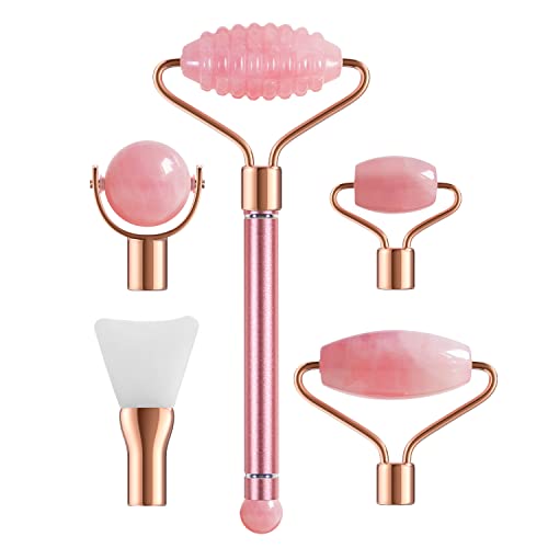 5 in 1 Facial Jade Roller Massager Set-Natural Jade Ridge Roller, Facial Jade Roller, Eye Roller, Body Roller and Silicone Brush. Rose Quartz Massager for Face, Eye, Chin, Body, Neck