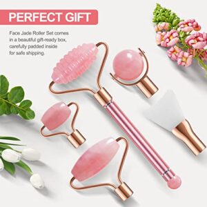 5 in 1 Facial Jade Roller Massager Set-Natural Jade Ridge Roller, Facial Jade Roller, Eye Roller, Body Roller and Silicone Brush. Rose Quartz Massager for Face, Eye, Chin, Body, Neck