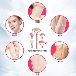 5 in 1 Facial Jade Roller Massager Set-Natural Jade Ridge Roller, Facial Jade Roller, Eye Roller, Body Roller and Silicone Brush. Rose Quartz Massager for Face, Eye, Chin, Body, Neck