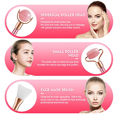 5 in 1 Facial Jade Roller Massager Set-Natural Jade Ridge Roller, Facial Jade Roller, Eye Roller, Body Roller and Silicone Brush. Rose Quartz Massager for Face, Eye, Chin, Body, Neck