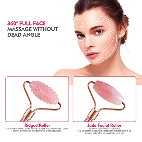 5 in 1 Facial Jade Roller Massager Set-Natural Jade Ridge Roller, Facial Jade Roller, Eye Roller, Body Roller and Silicone Brush. Rose Quartz Massager for Face, Eye, Chin, Body, Neck