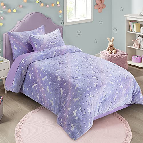 HOMBYS Glow in The Dark Comforter Set 7 Piece Full Size with Sheets, Purple Velvet Bedding Comforter Sets for Full Bed, Ultra Soft Down Alternative Comforter for Teenage Girls Kids, Bed in a Bag