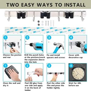 Samxin Broom Mop Holder Stainless Steel Wall Mount Storage Closet Kitchen Organization Heavy Duty Garage Tools Hanger No Drilling Screws for Home Garden Laundry Room with 3 Racks 4 Hooks-Black