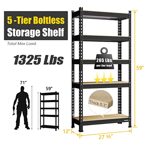 PrimeZone Storage Shelves 5 Tier Adjustable Garage Storage Shelving, Heavy Duty Metal Storage Utility Rack Shelf Unit for Warehouse Pantry Closet Kitchen, 28" x 12" x 59", Black