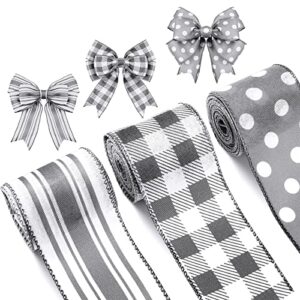 grey wired edge ribbon plaid ribbon 3 rolls 2.5 inch farmhouse ribbon buffalo check gray ribbon polka dot striped ribbon buffalo plaid ribbon wire ribbon for diy crafts gifts wreath bow, 15 yards