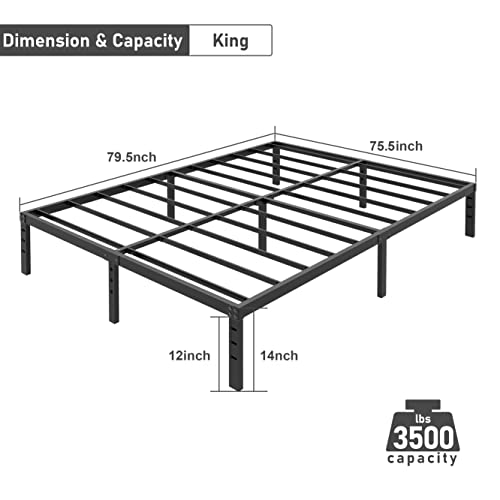 TIEGUNER 14 Inch King Bed Frame, Heavy Duty Metal Platform Easy Assembly Bed Frame, No Box Spring Needed Mattress Foundation 3500 Lbs Support, Noise Free, Maximum Storage (Black)