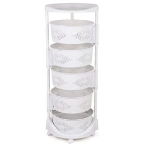 kaibrite rotating kitchen storage rack, multi-layer revolving basket kitchen shelf with wheels, for kitchen, bathroom, laundry room, garage, white (5-layer)