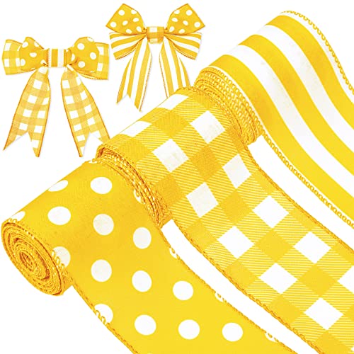 3 Rolls/ 15 Yards Yellow Burlap Wired Ribbons 2.5 Inch Plaid Wrapping Ribbons Bow Craft Ribbon Striped Dot Pattern Ribbons for DIY Crafts Bee Lemon Theme Party Summer Home Wreath Decoration