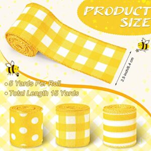 3 Rolls/ 15 Yards Yellow Burlap Wired Ribbons 2.5 Inch Plaid Wrapping Ribbons Bow Craft Ribbon Striped Dot Pattern Ribbons for DIY Crafts Bee Lemon Theme Party Summer Home Wreath Decoration