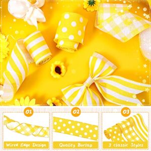 3 Rolls/ 15 Yards Yellow Burlap Wired Ribbons 2.5 Inch Plaid Wrapping Ribbons Bow Craft Ribbon Striped Dot Pattern Ribbons for DIY Crafts Bee Lemon Theme Party Summer Home Wreath Decoration