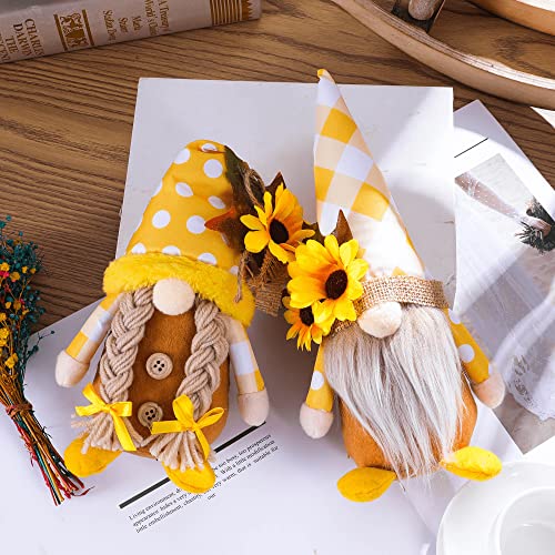 2PCS Sunflower Gnomes Plush Decorations, Summer Gnomes, Spring Gnomes, Scandinavia Honey Buffalo Plaid Sunflower Gnome Plush for Tiered Tray Kitchen Decor, Farmhouse Swedish Nisse Tomte Home Oranment