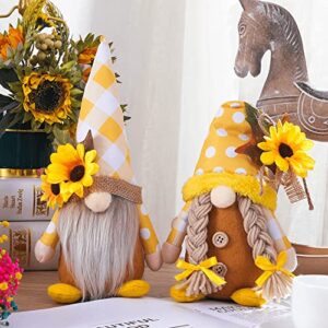 2PCS Sunflower Gnomes Plush Decorations, Summer Gnomes, Spring Gnomes, Scandinavia Honey Buffalo Plaid Sunflower Gnome Plush for Tiered Tray Kitchen Decor, Farmhouse Swedish Nisse Tomte Home Oranment